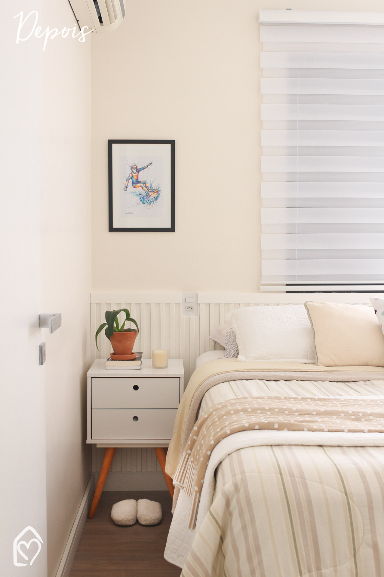 Antes e depois do quarto com painel ripado - Casa das Amigas